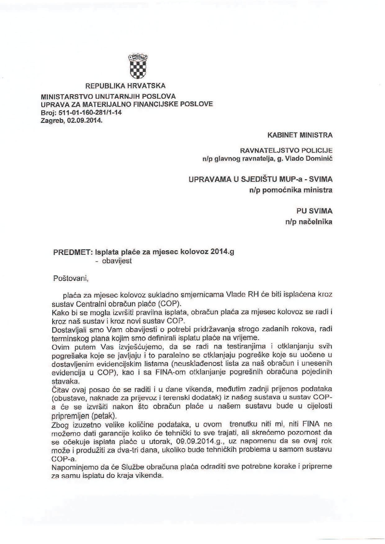 OBAVIJEST O ISPLATI PLAĆE | Opći sindikat MUP-a